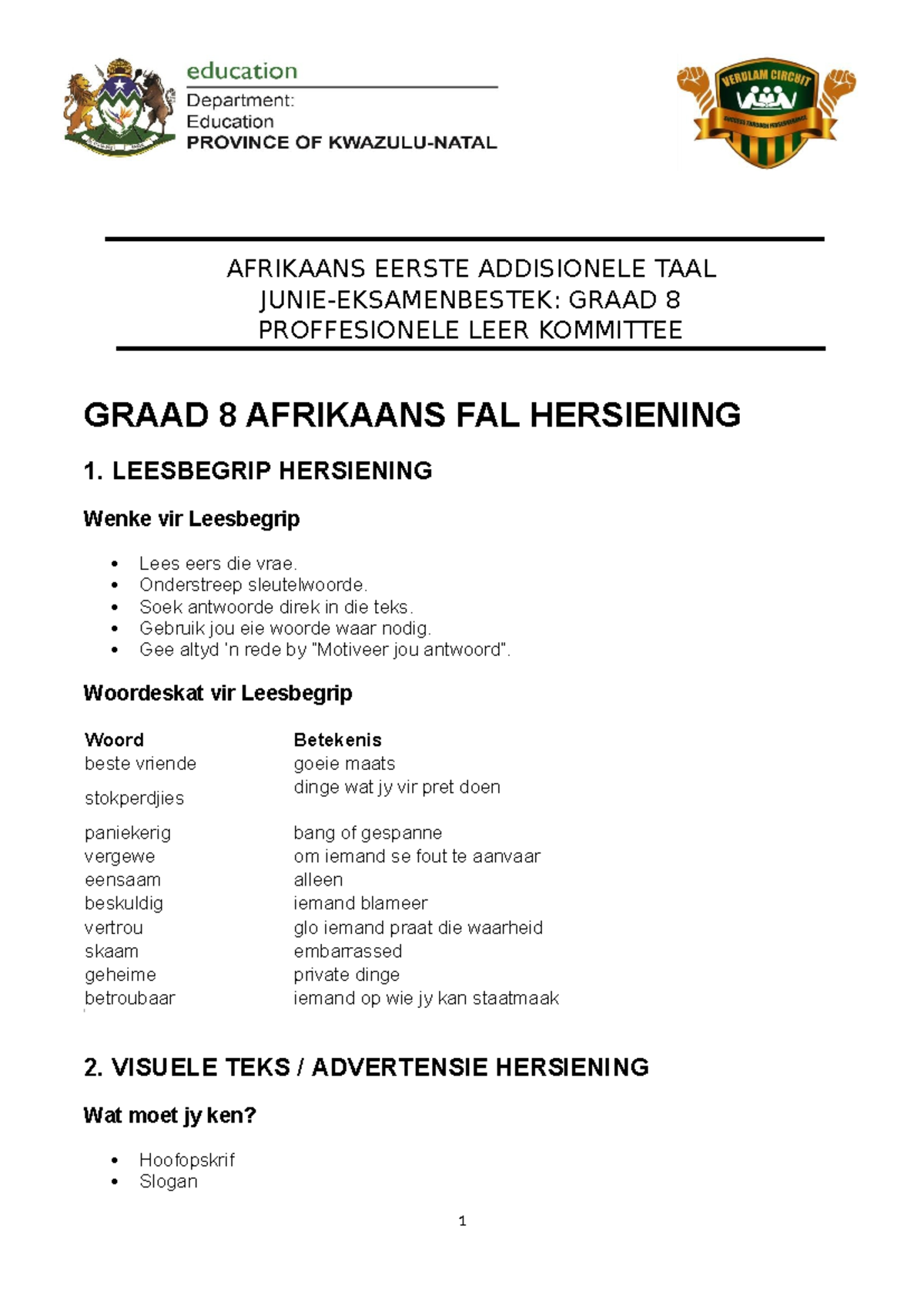 AFRIKAANS EERSTE ADDISIONELE TAAL GRAAD 8-9 HERSIENING EN OEFENINGE ...