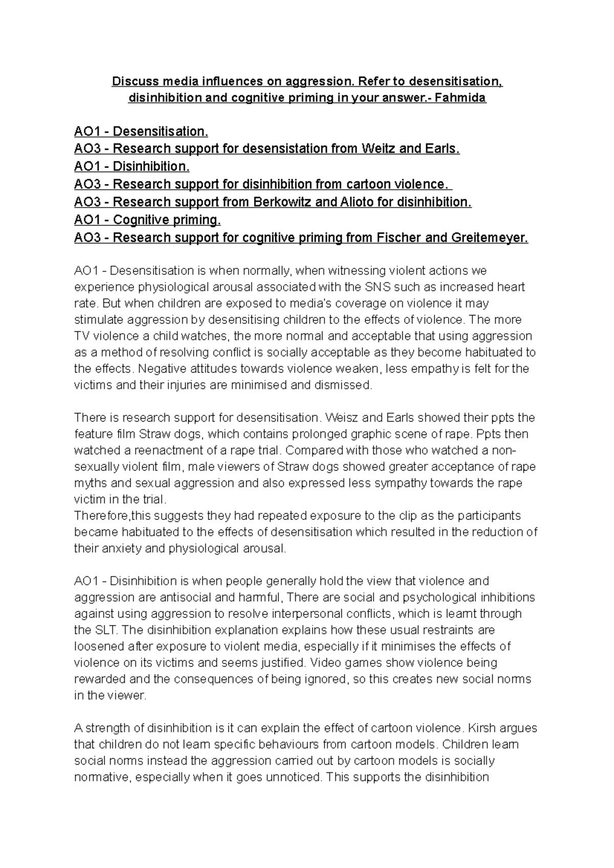 Discuss media influences on aggression essay - Refer to desensitisation ...