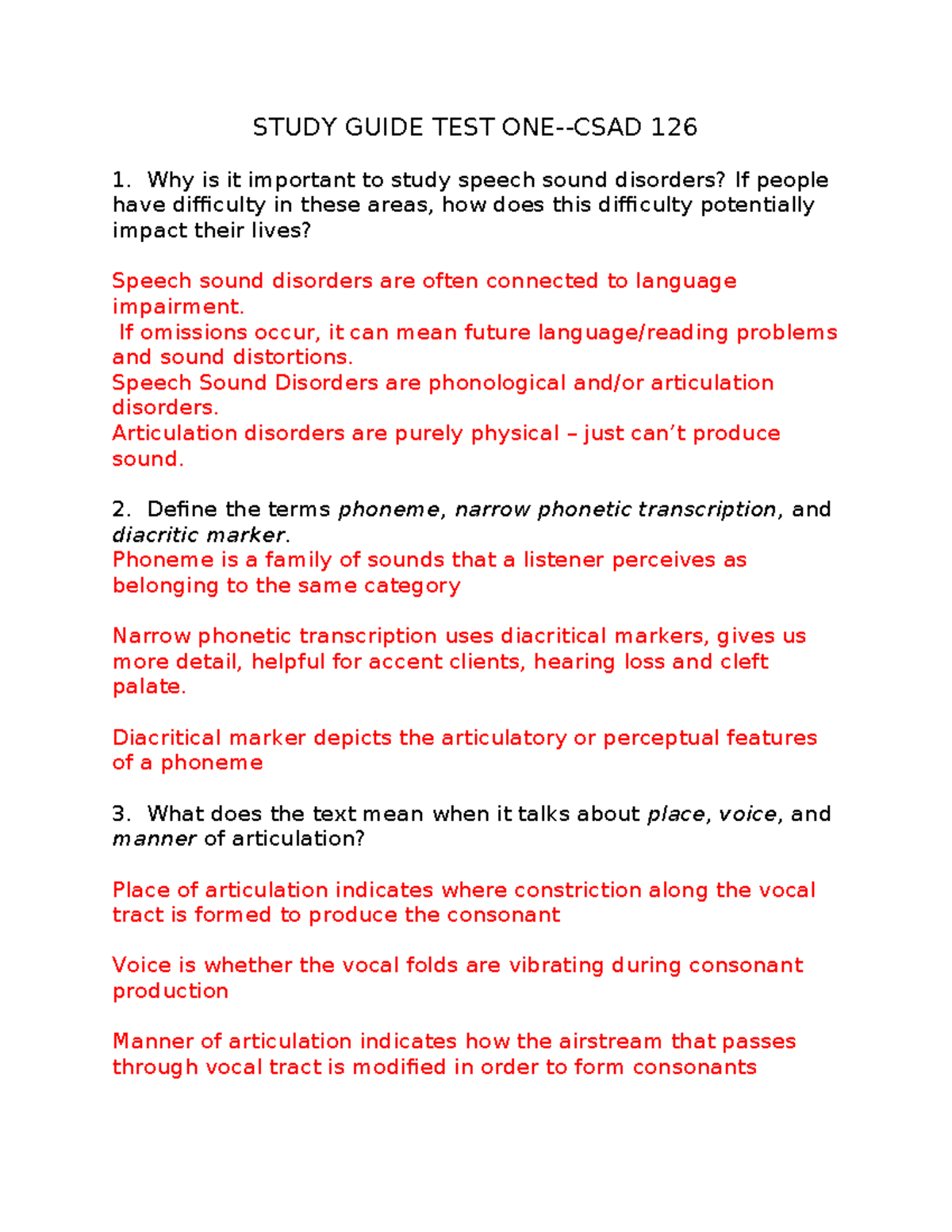 CSAD 126 Test 1 Study Guide: Understanding Speech Sound Disorders - Studocu
