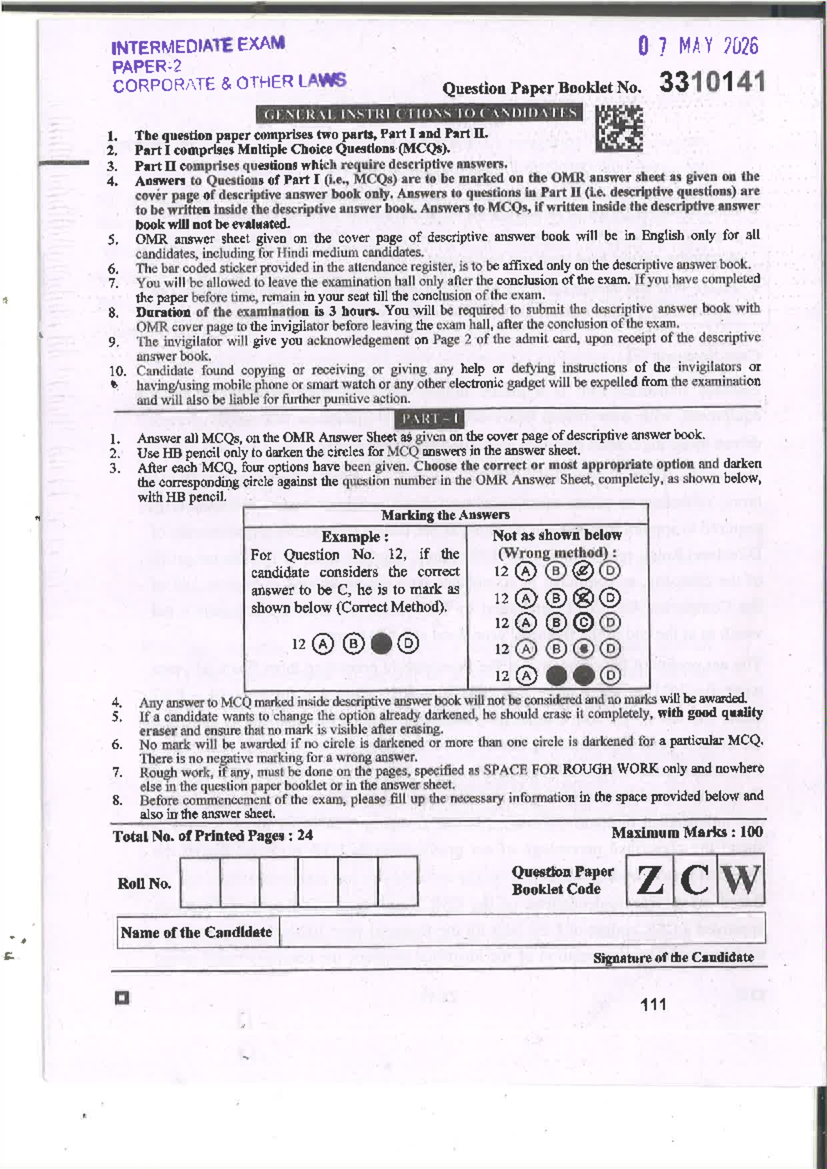 INTERMEDIATE EXAM ZCW - CORPORATE OTHER LAWS Question Paper (07 MAY ...