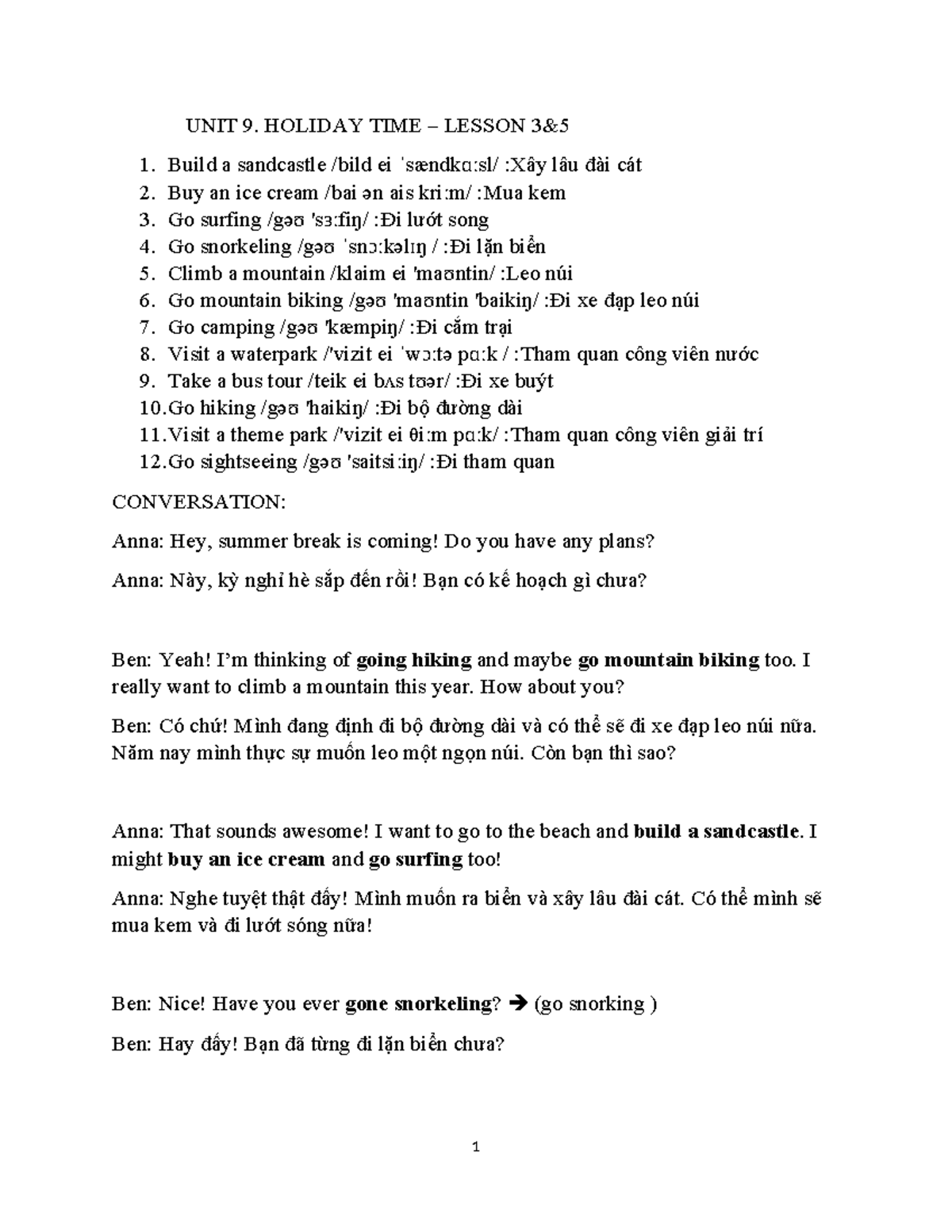 UNIT 9: HOLIDAY TIME - Lesson 1 Activities and Conversations - Studocu