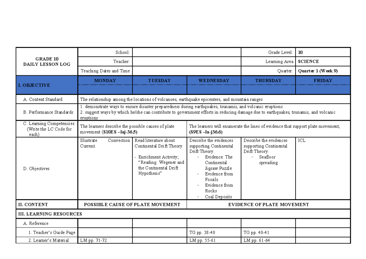 Grade 10 Science Daily Lesson Log: Quarter 1, Week 9 - Studocu