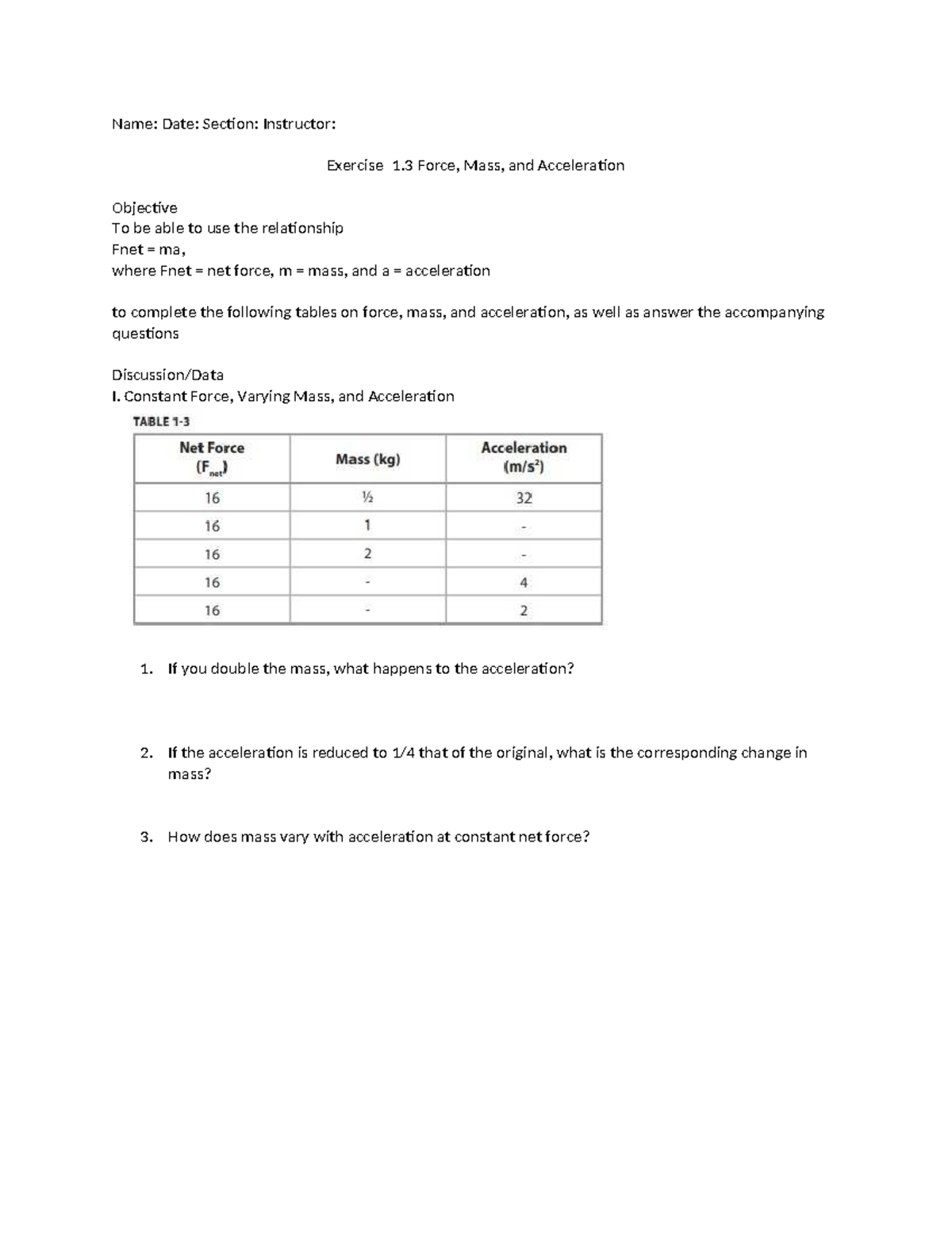 Exercise 1.3: Force, Mass, and Acceleration Analysis - Studocu