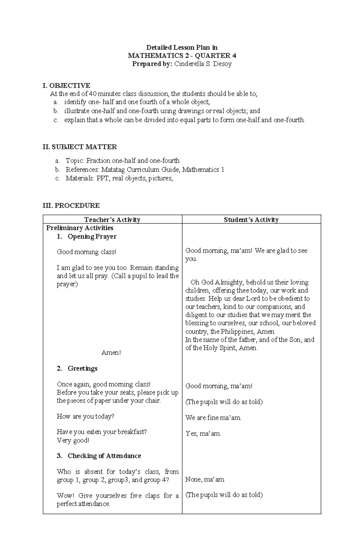 Detailed Lesson Plan on Fractions in MATH 2 - Quarter 4 - Studocu