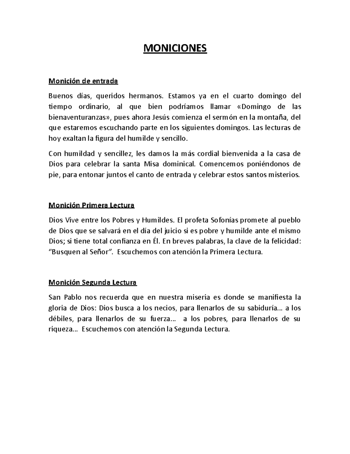 Moniciones y Oración de Ofrendas para la Misa Dominical - Studocu