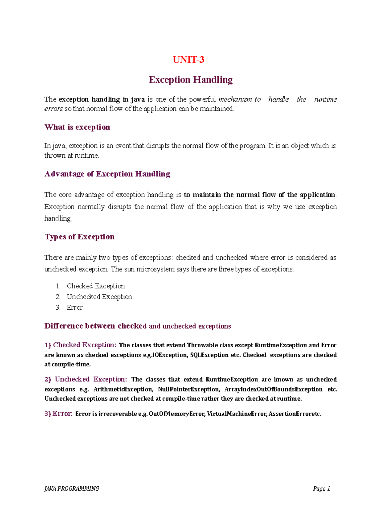 OOPS Using JAVA Module 3.2 - UNIT- Exception Handling The exception handling in java is one of ...