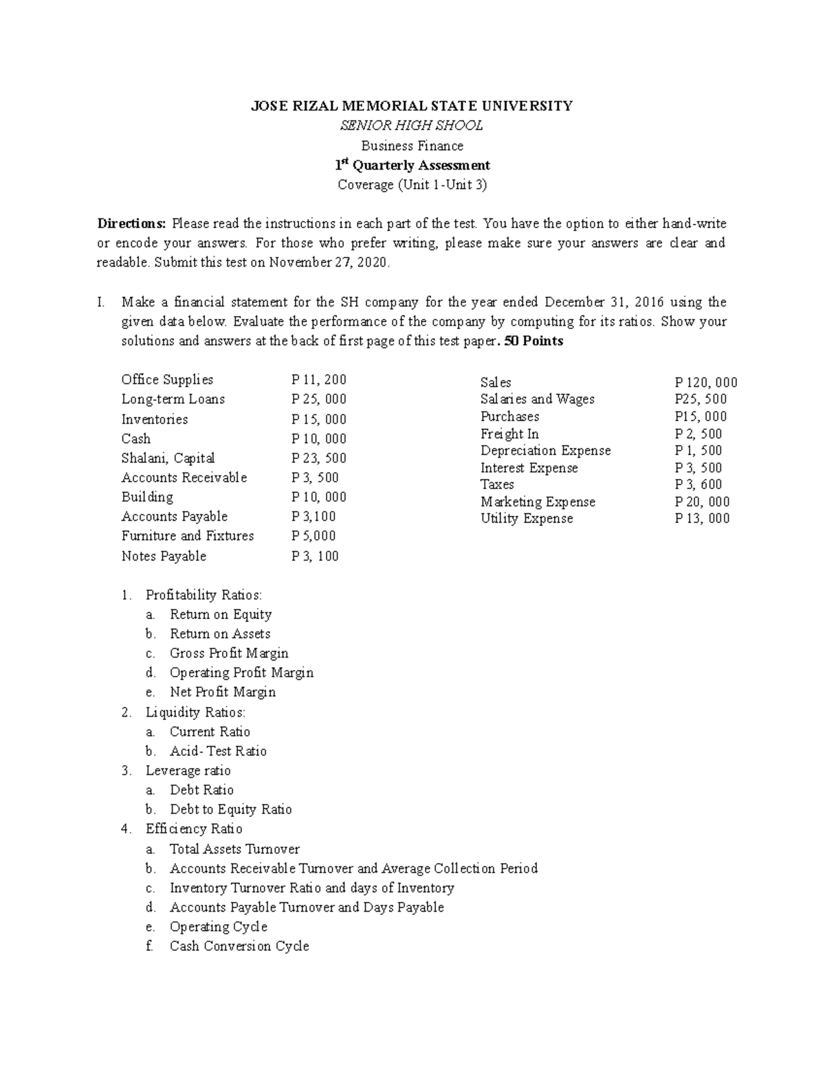Business Finance Module (1st Quarter Examination) - JOSE RIZAL MEMORIAL ...