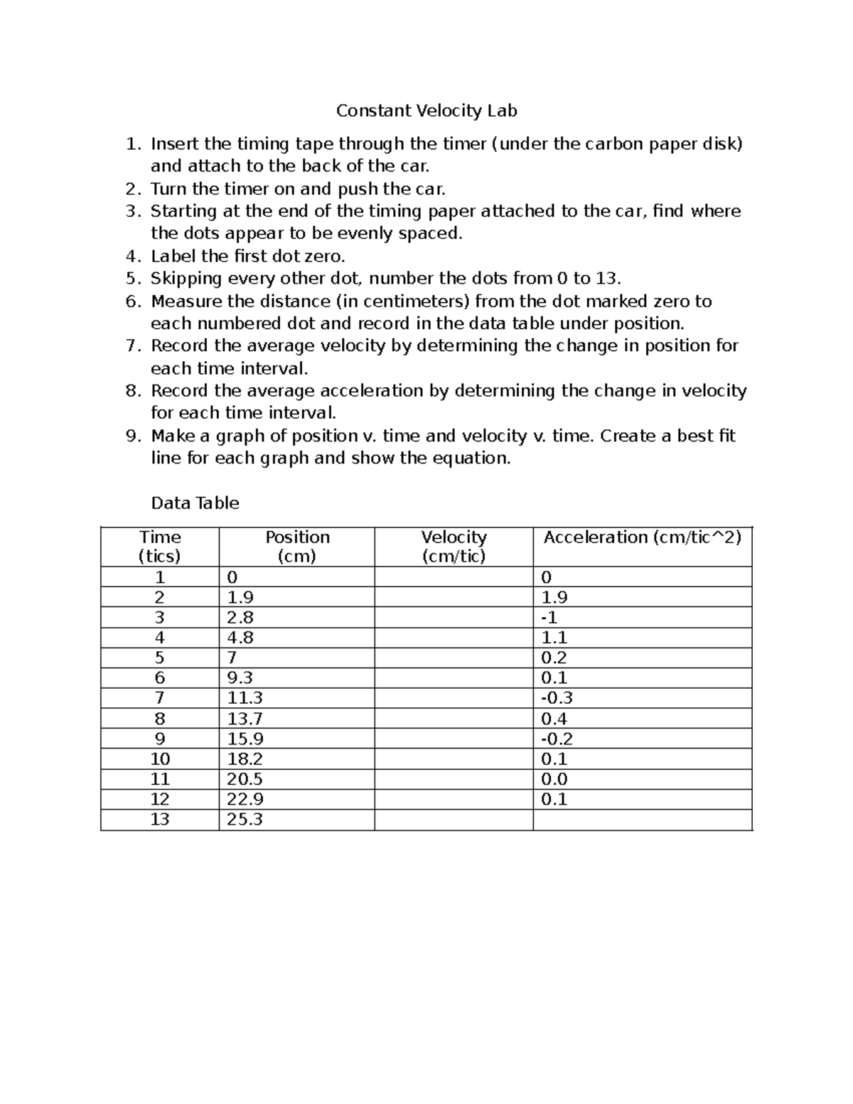 Constant Velocity Lab 1: Measuring Position, Velocity, and Acceleration - Studocu