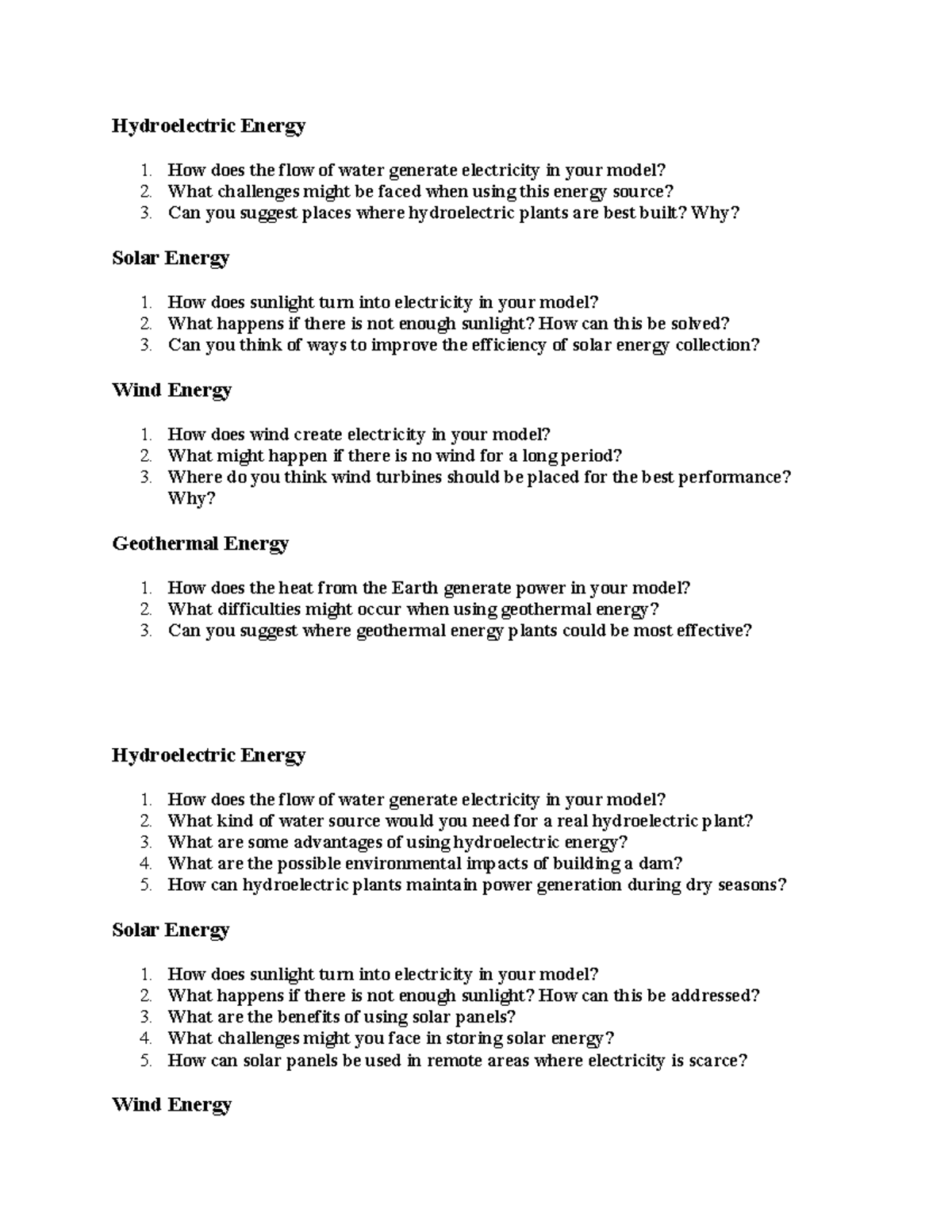 Energy Sources Activity Questions for Renewable Energy Models - Studocu