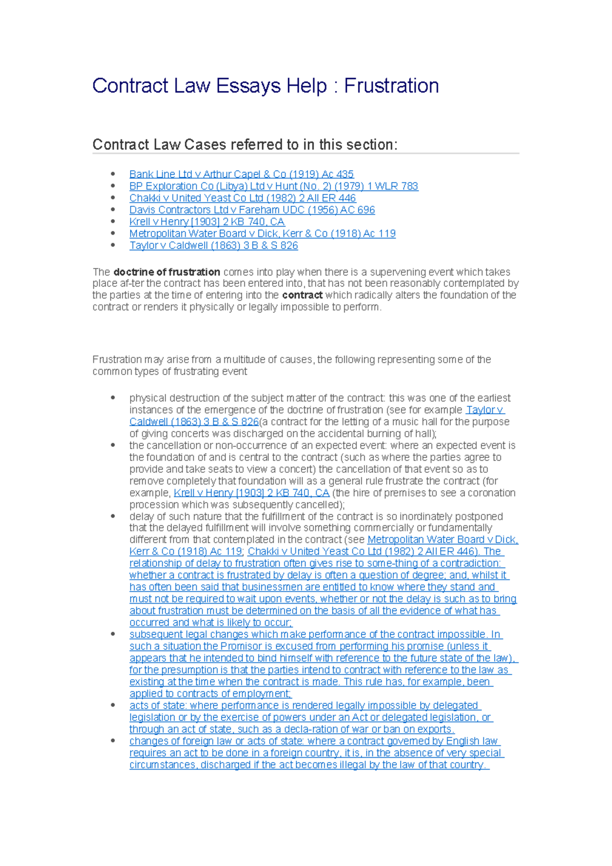Contract Law Essays Help: Frustration Cases Overview - Studocu