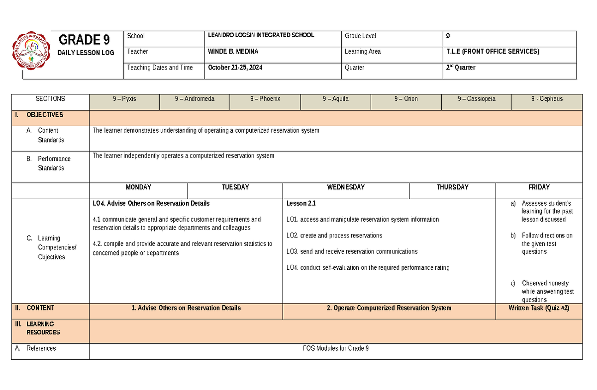 FOS-DLL Q2W4: Grade 9 T.L.E. Daily Lesson Log on Reservation Systems ...
