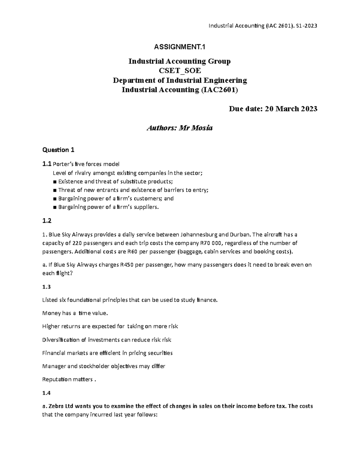 IAC2601-Assgn 1-(S1) - ASSIGNMENT. Industrial Accounting Group CSET_SOE ...