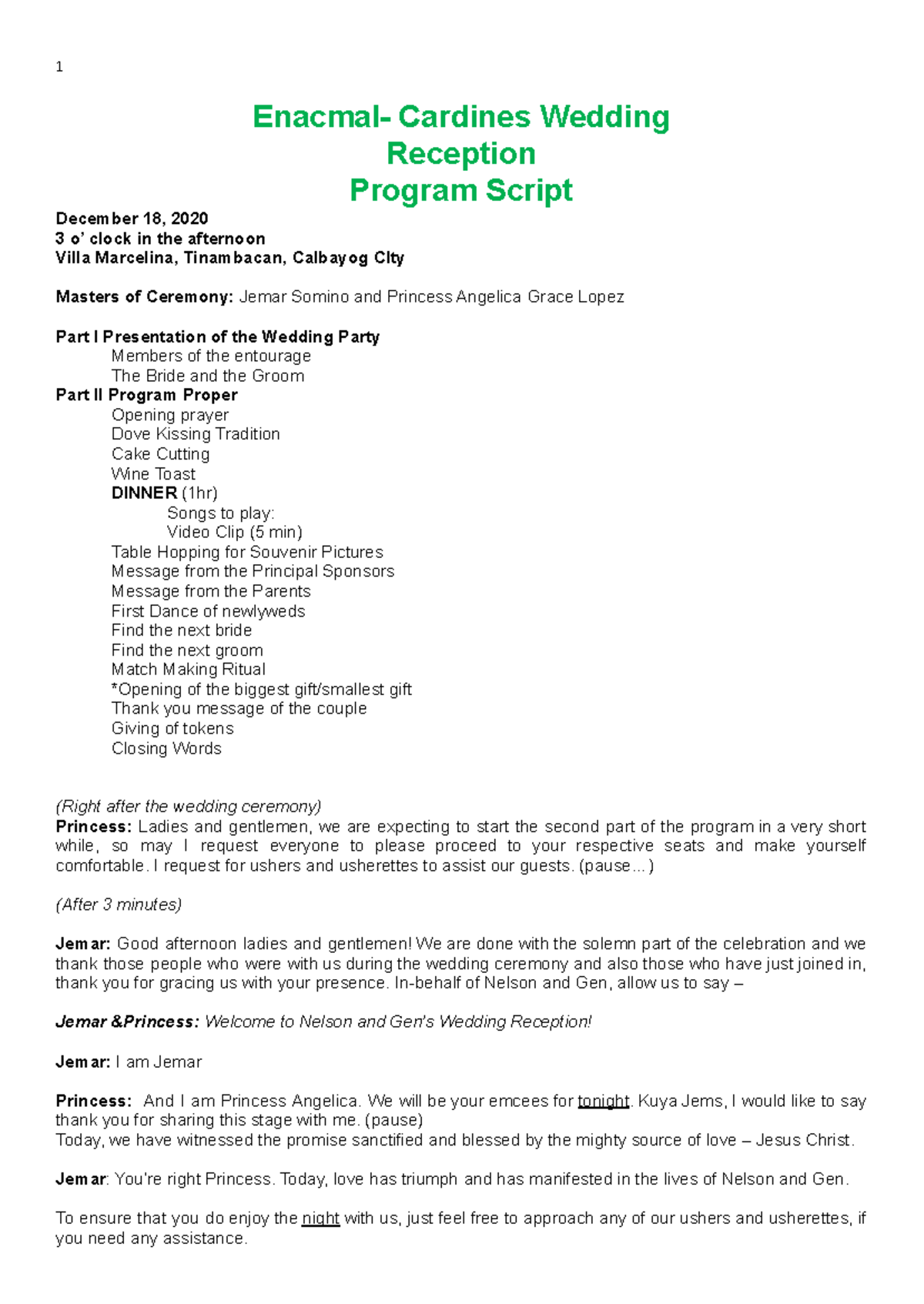 Gen and Nelson -Wedding Script - Enacmal- Cardines Wedding Reception ...