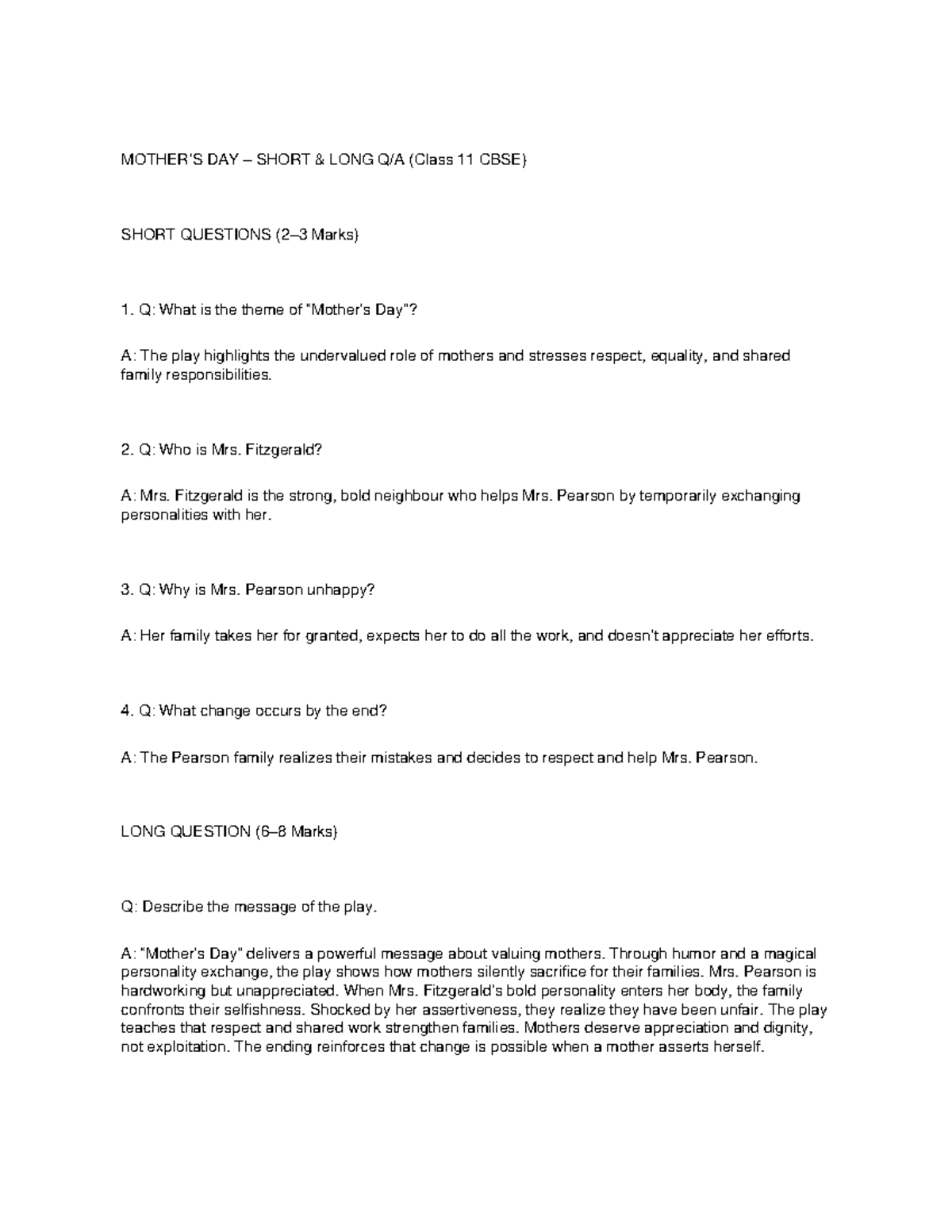 Mothers Day QA Notes (Class 11 CBSE) - Short & Long Questions - Studocu