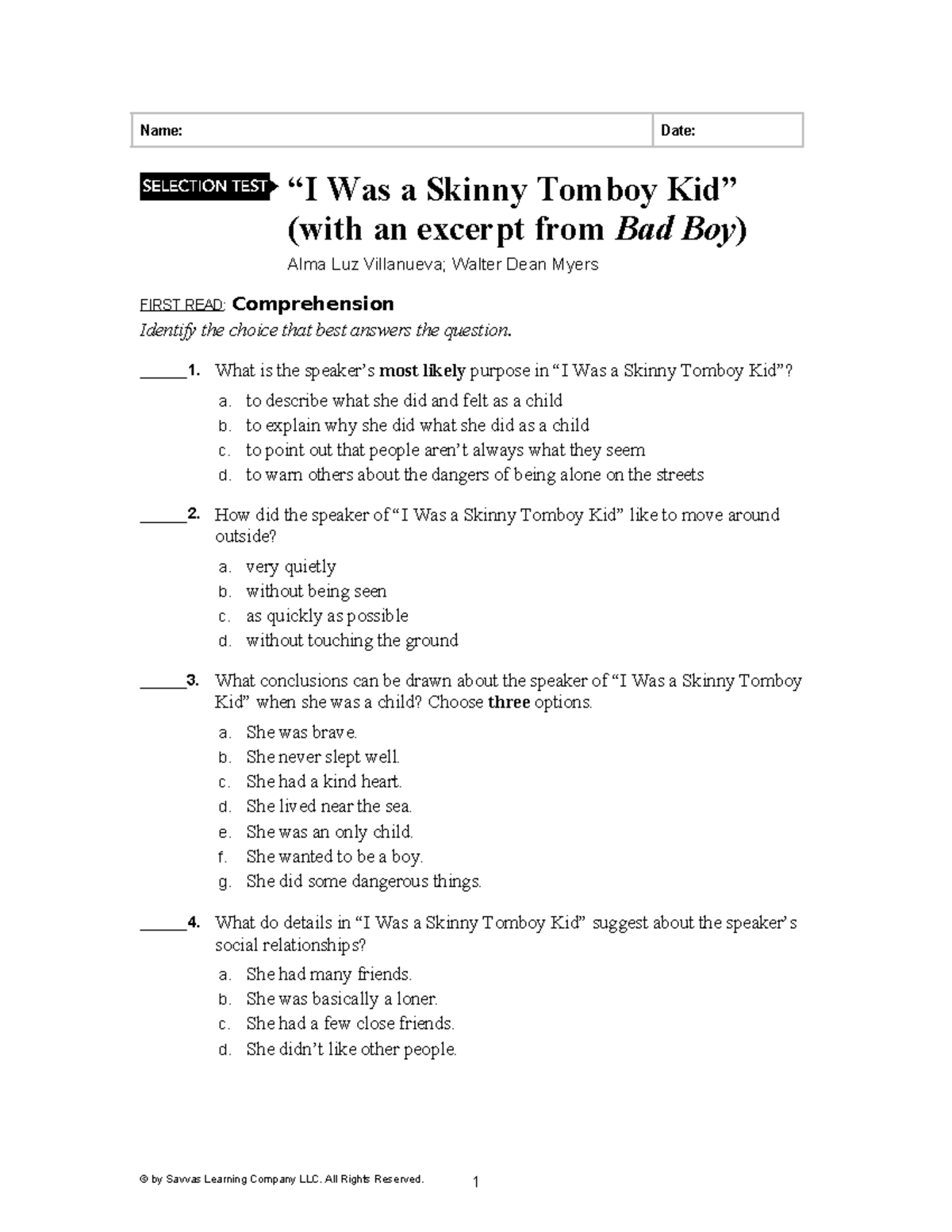 Lit17 EV G06 U1 BSG ST VILL TEST - Name: Date: “I Was a Skinny Tomboy ...