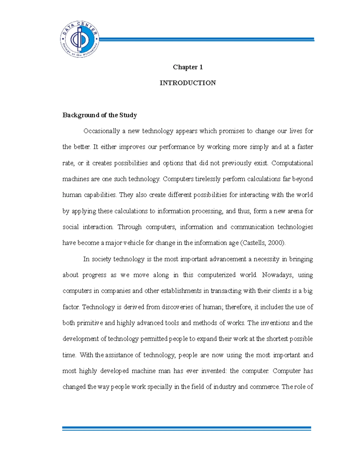 Capstone Chapter 1 3 - CHAPTER l INTRODUCTION RATIONALE OF THE STUDY ...