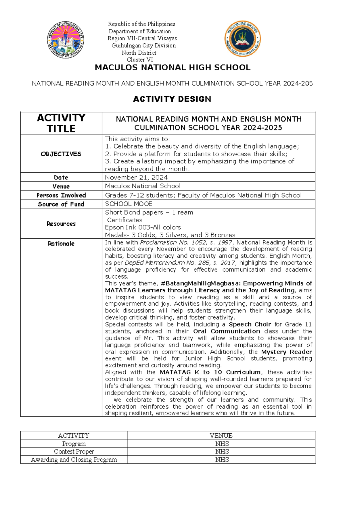 Activity Design-english Reading Month 2024 - Republic of the ...