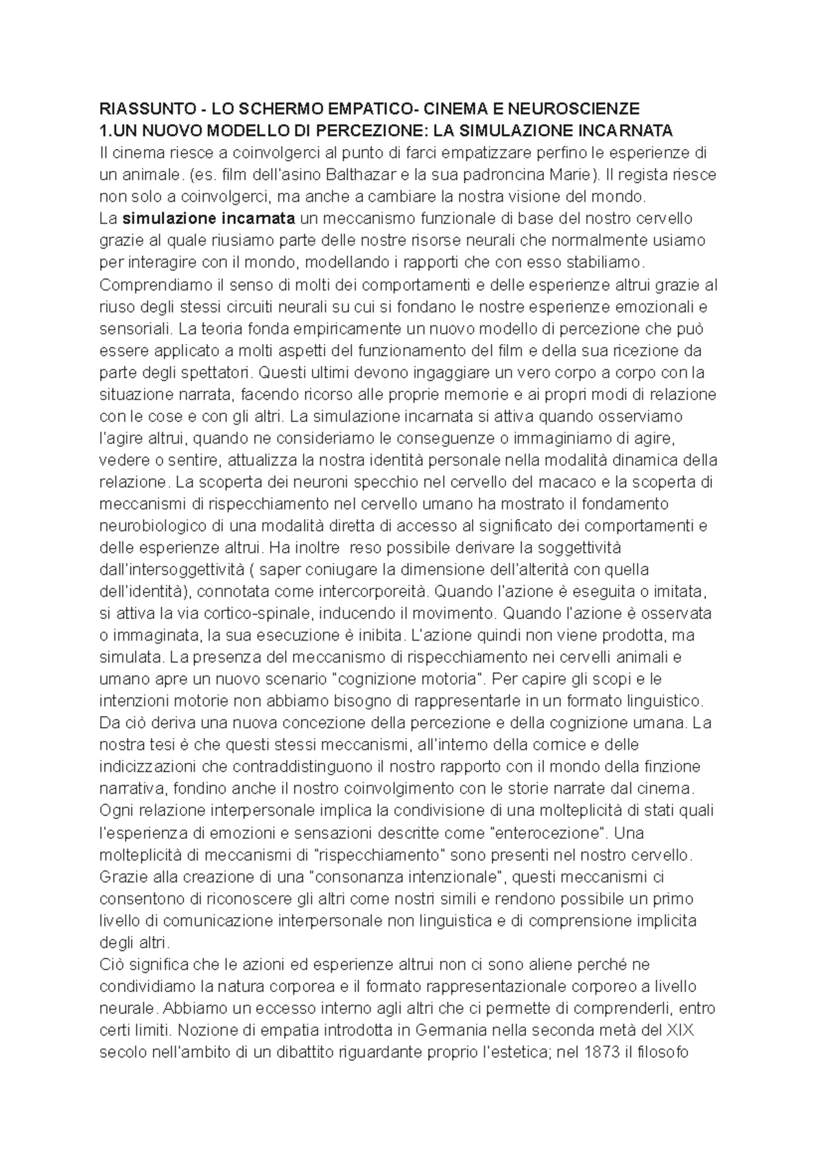 Riassunto Esame di Neuroscienze: Cinema e Simulazione Incarnata - Studocu
