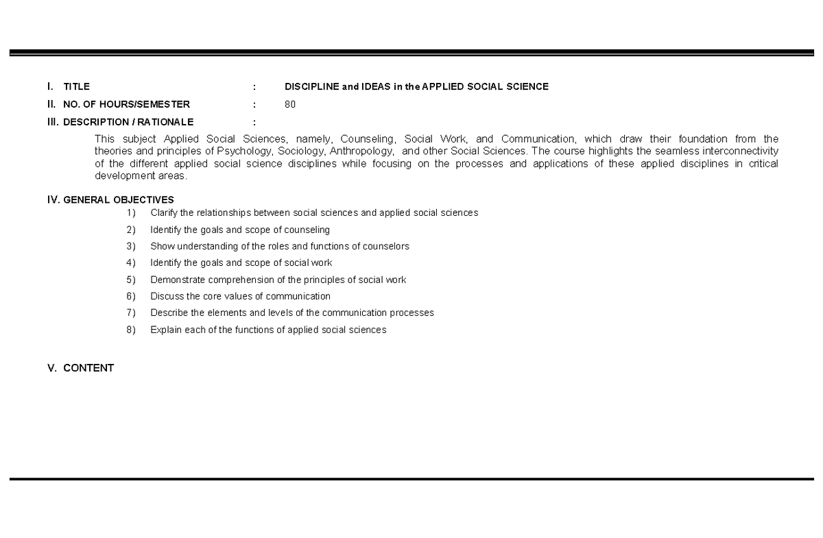 Instructional Plan for DIASS - I. TITLE : DISCIPLINE and IDEAS in the ...