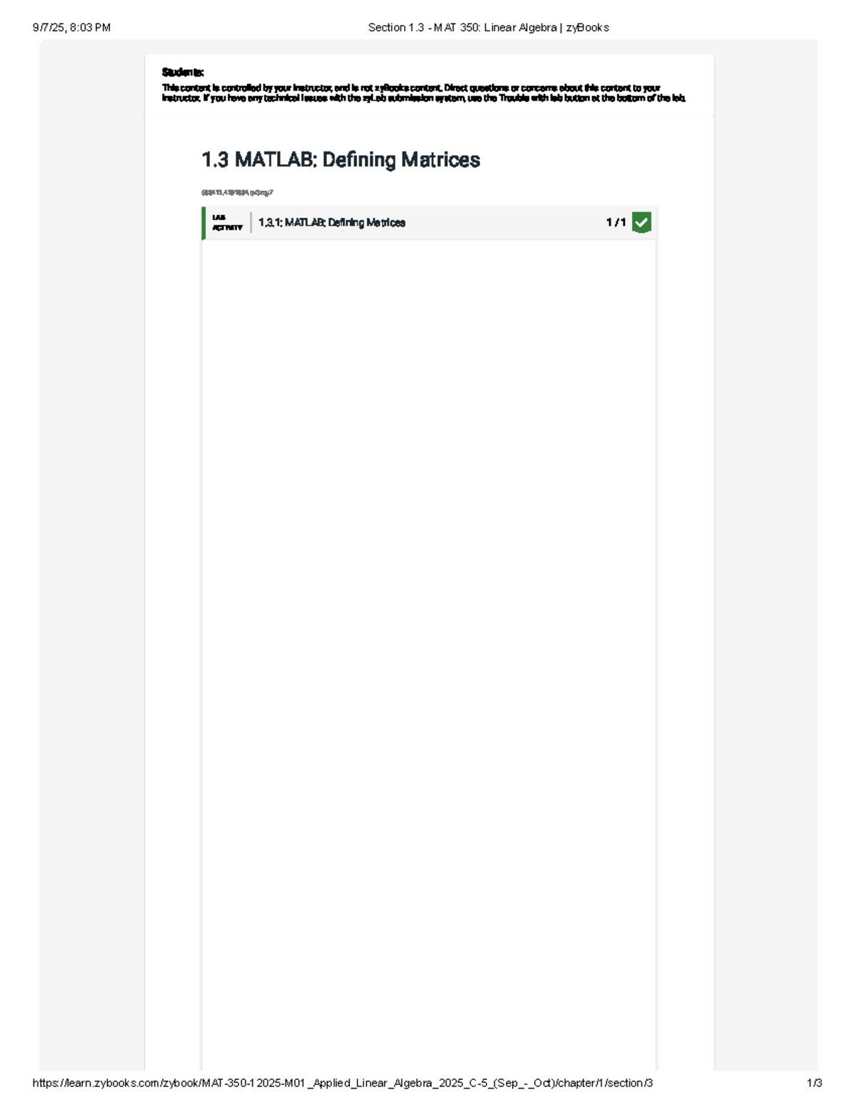 MAT 350: Linear Algebra Lab Activity 1.3 - MATLAB Matrices - Studocu