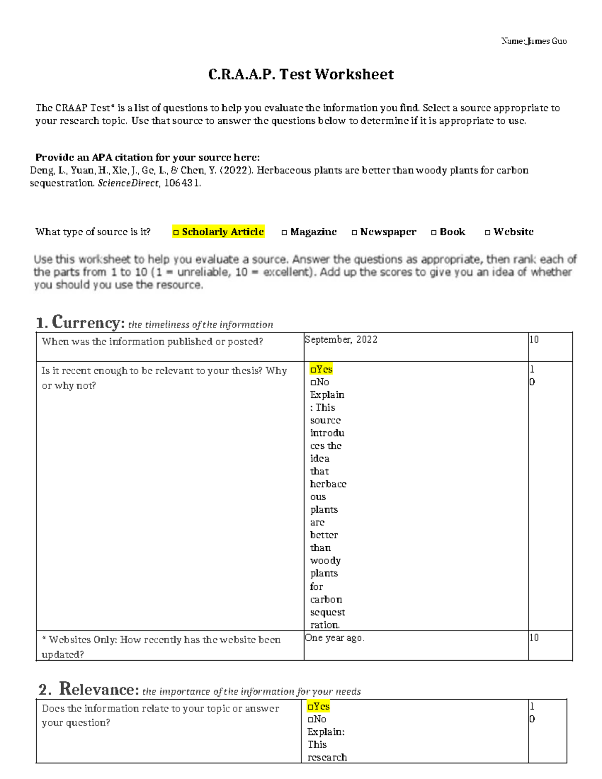 C.R.A.A.P. Test Worksheet for Evaluating Research Sources - Studocu