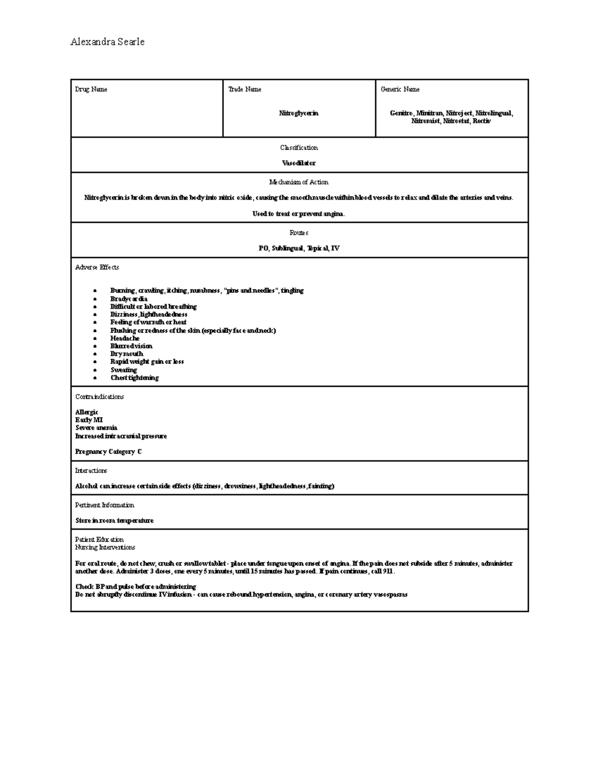 Medication Cards - Drug Name Trade Name Nitroglycerin Generic Name ...