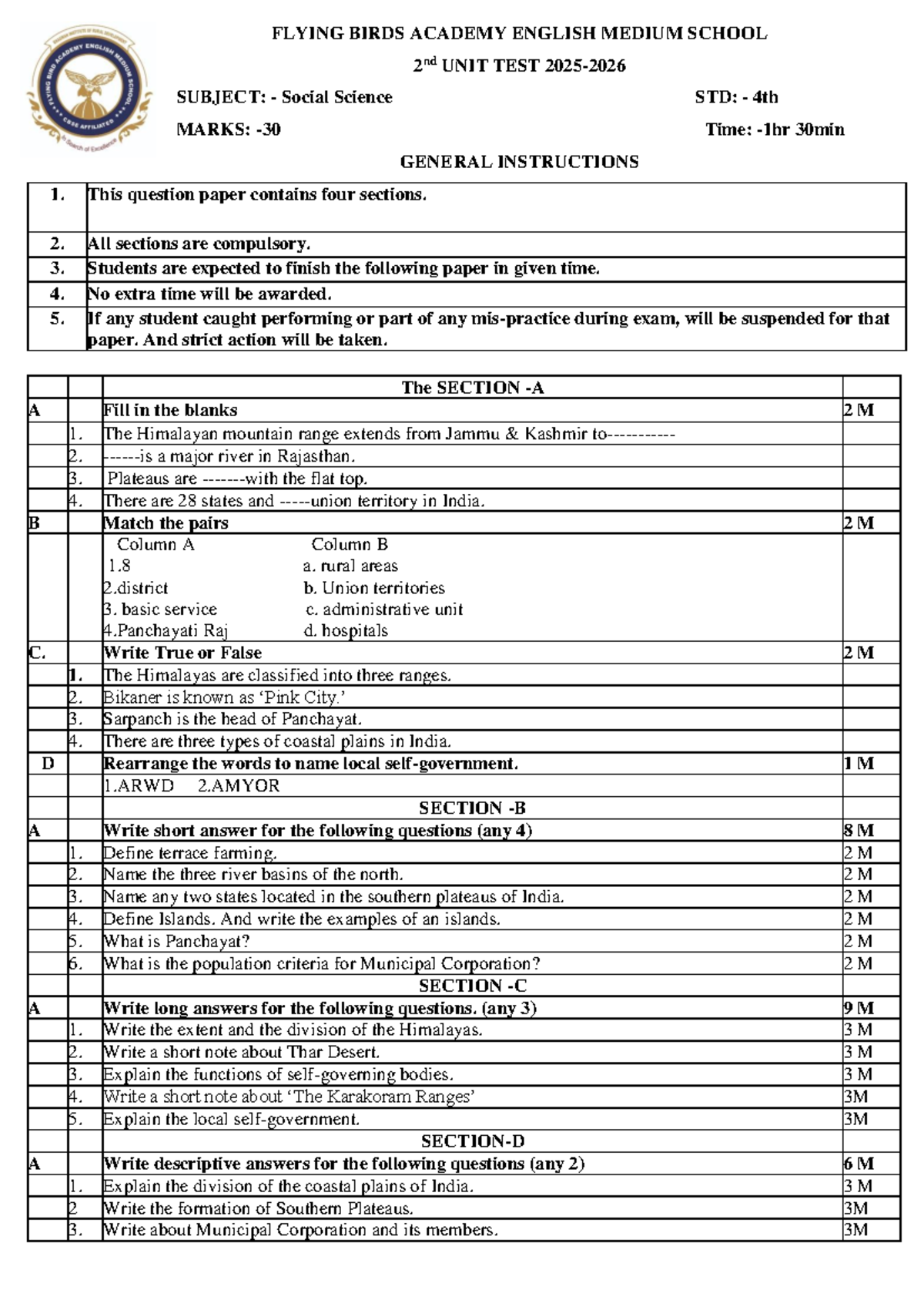UT-2 4th Grade Social Science Unit Test - Comprehensive Guide - Studocu
