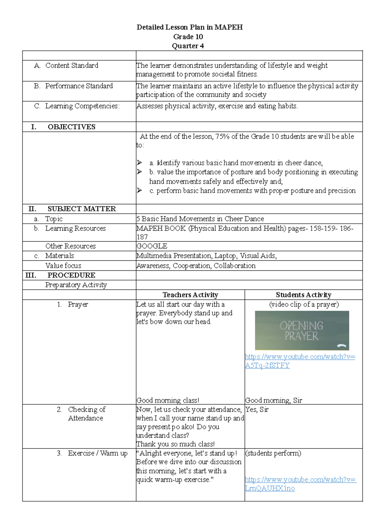 CHEERDANCE Lesson Plan for MAPEH Grade 10 Quarter 4 - Studocu