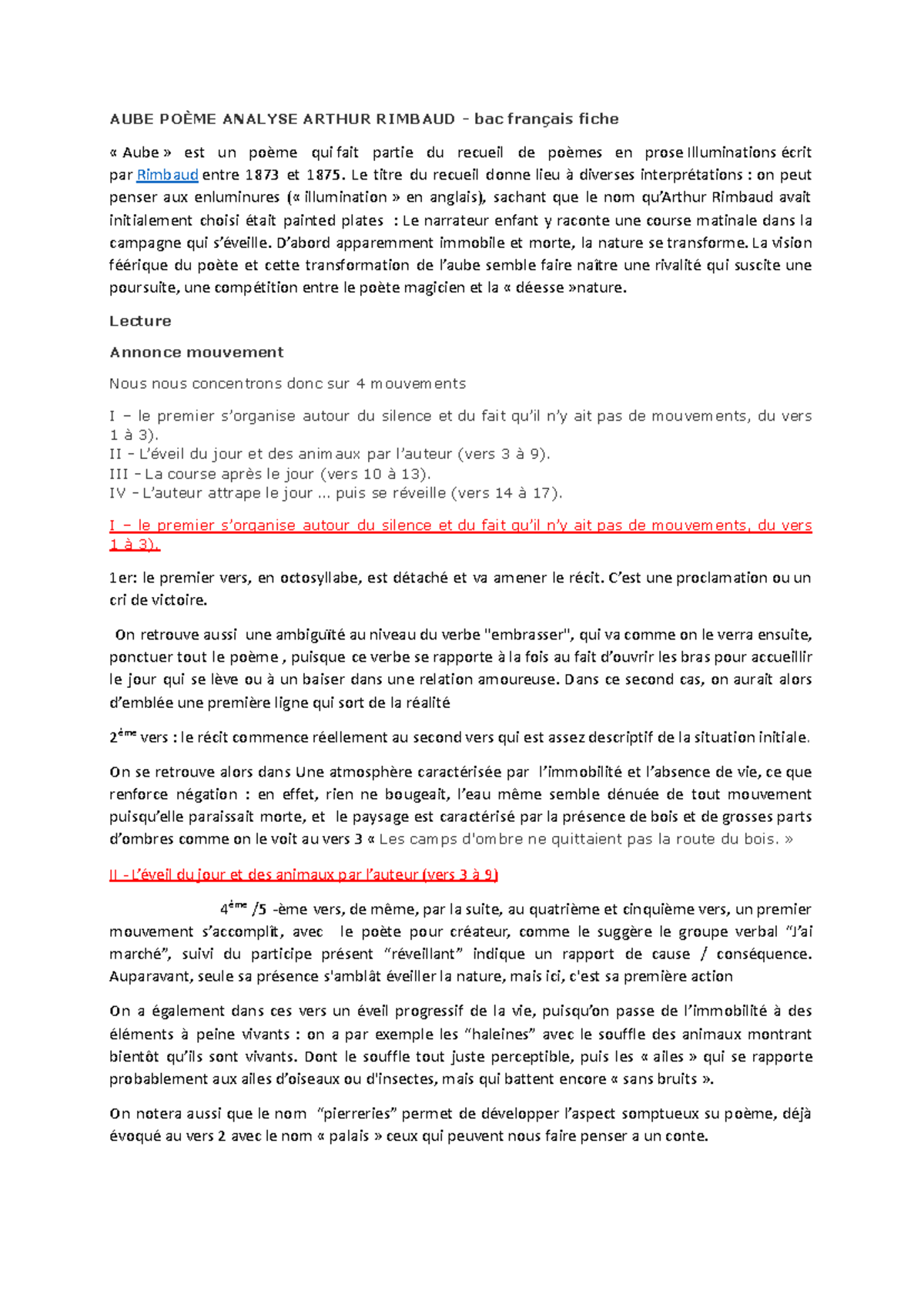 Fiche BAC Français - Analyse du Poème "Aube" d'Arthur Rimbaud - Studocu