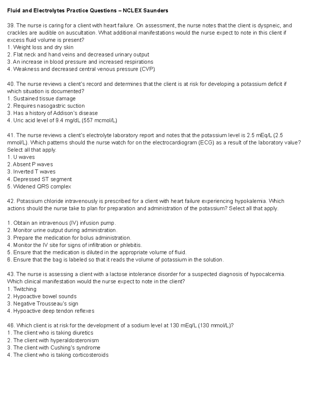 Chapter 42 Fluid and Electrolytes Practice Questions and Answers ...