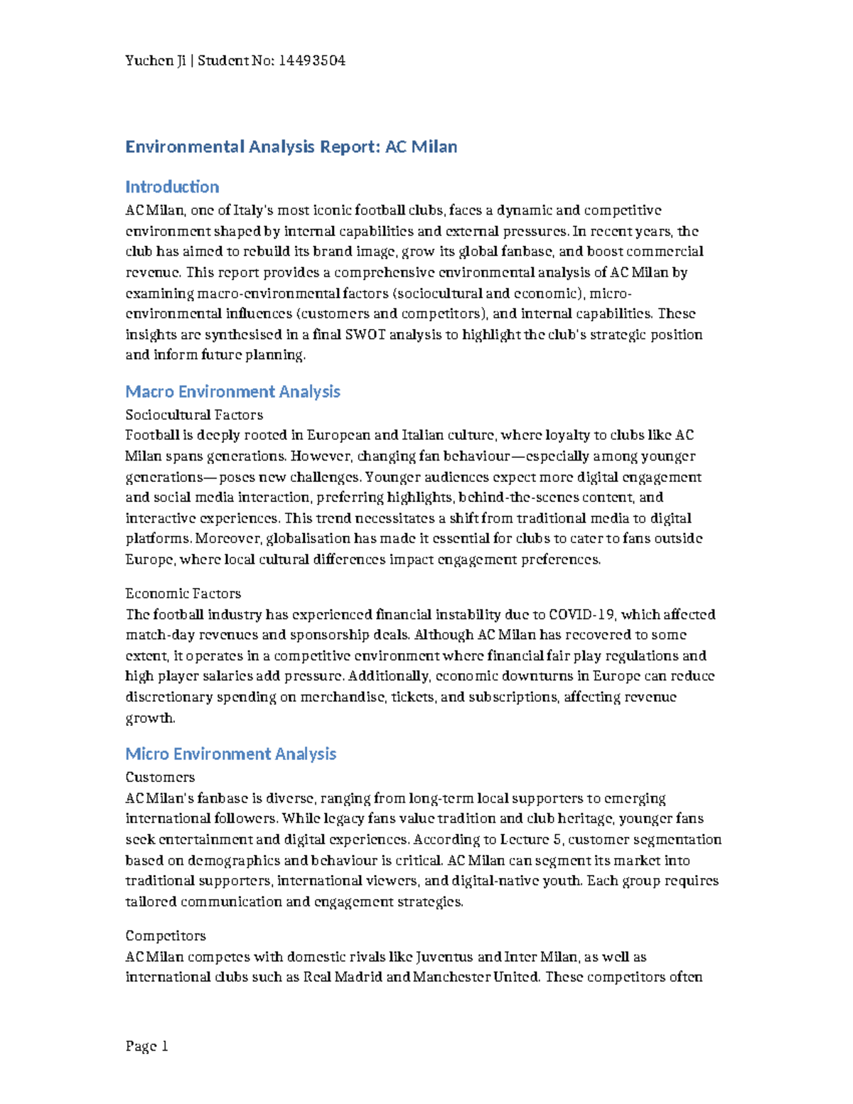 Environmental Analysis Report: AC Milan (Task 3, 21591) - Studocu