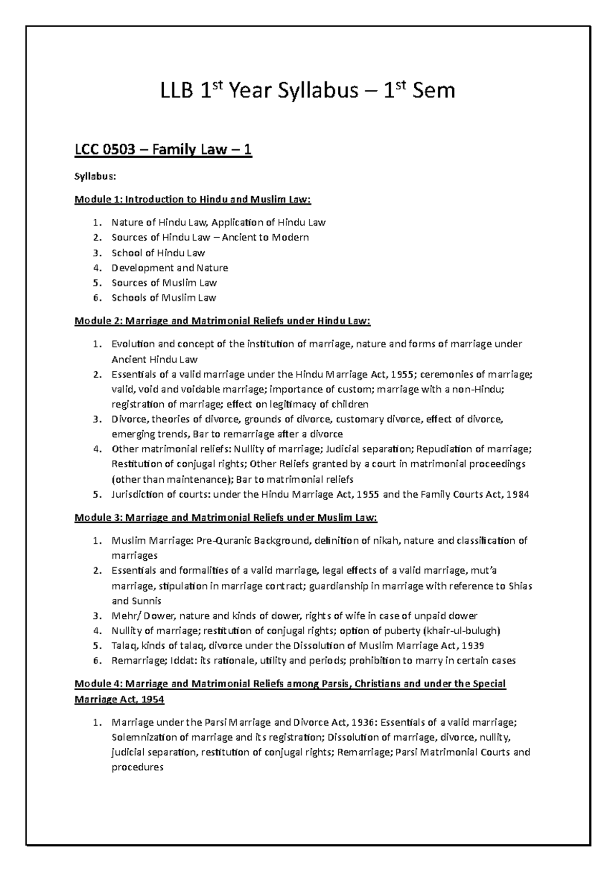LCC 0503 Family Law 1: Comprehensive Syllabus Overview - Studocu