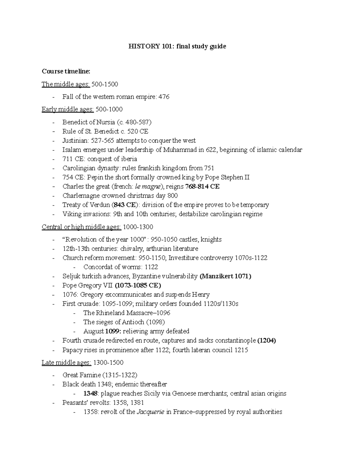 HIST 101 Final Study Guide: Key Events from the Middle Ages to 1815 ...