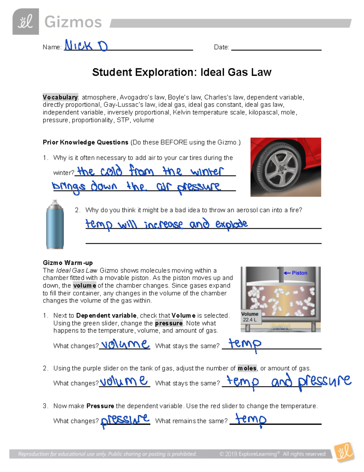 Exploring Ideal Gas Law Concepts: A Gizmo Activity Guide - Studocu