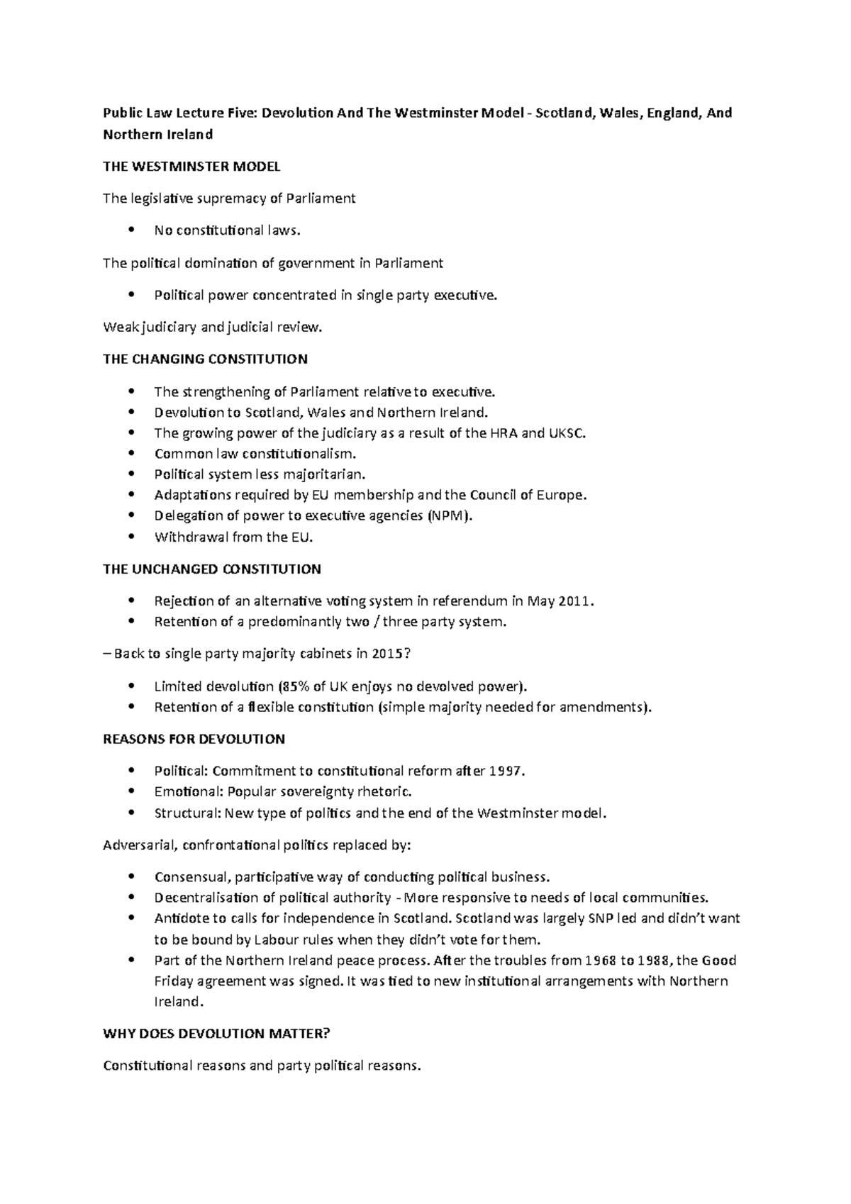 Public Law Lecture 5: Devolution and the Westminster Model Analysis ...