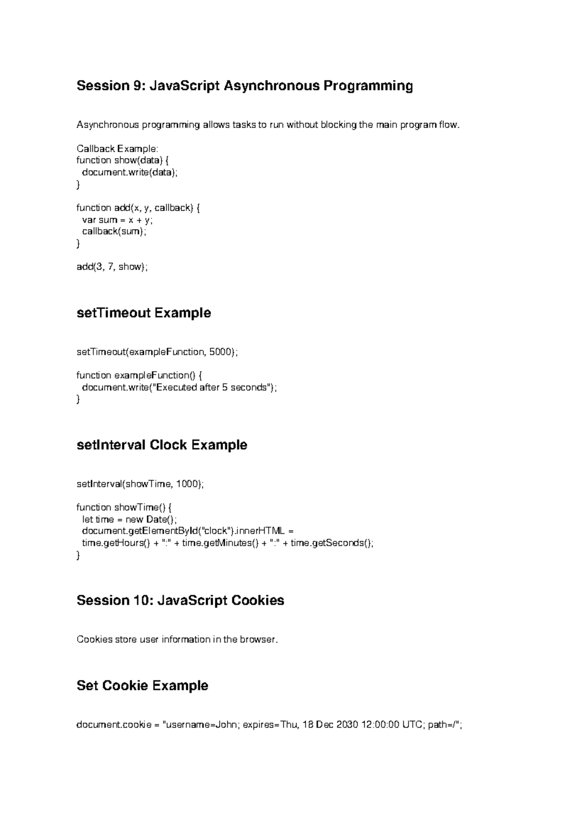 Session 9 & 10: JavaScript Async Programming & Cookies - Studocu