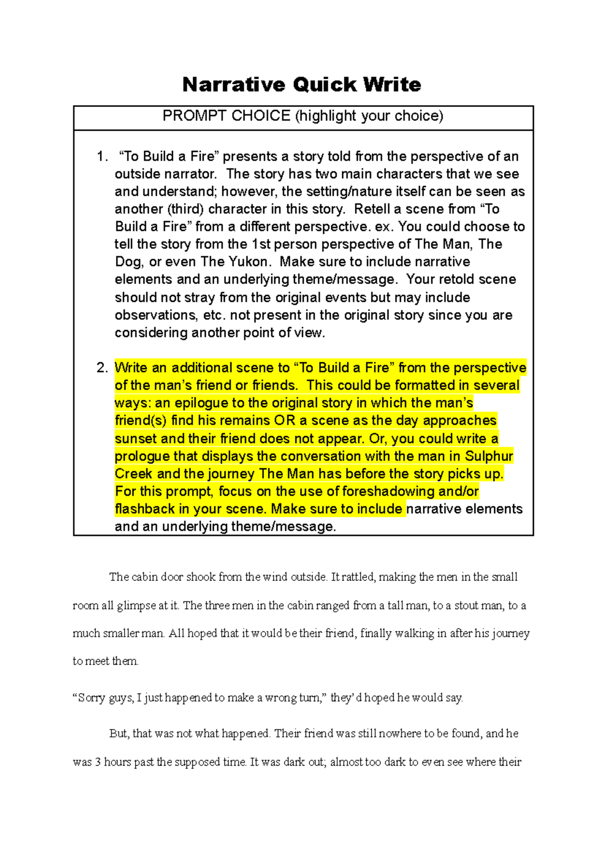 Bryce Gindlesperger - Narrative Quick Write on "To Build a Fire" - Studocu