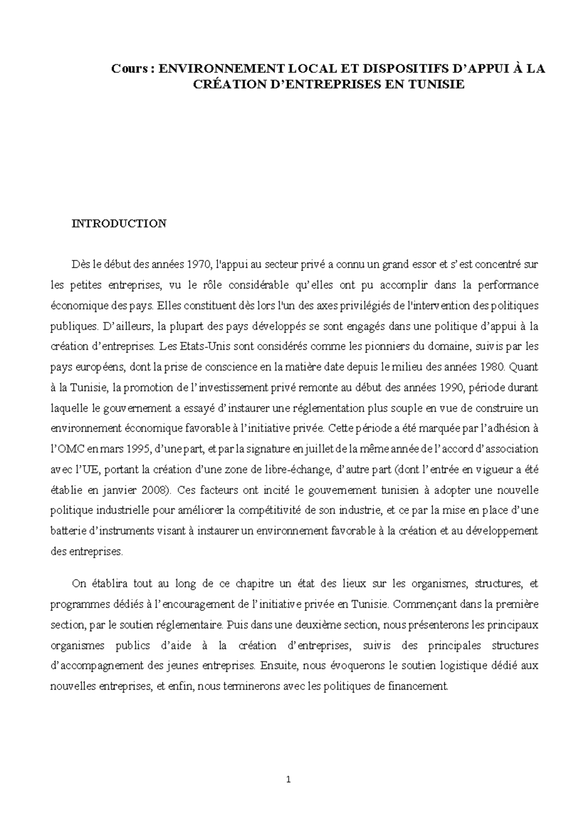 Cours : ENVIRONNEMENT LOCAL ET DISPOSITIFS D'APPUI EN TUNISIE - Studocu