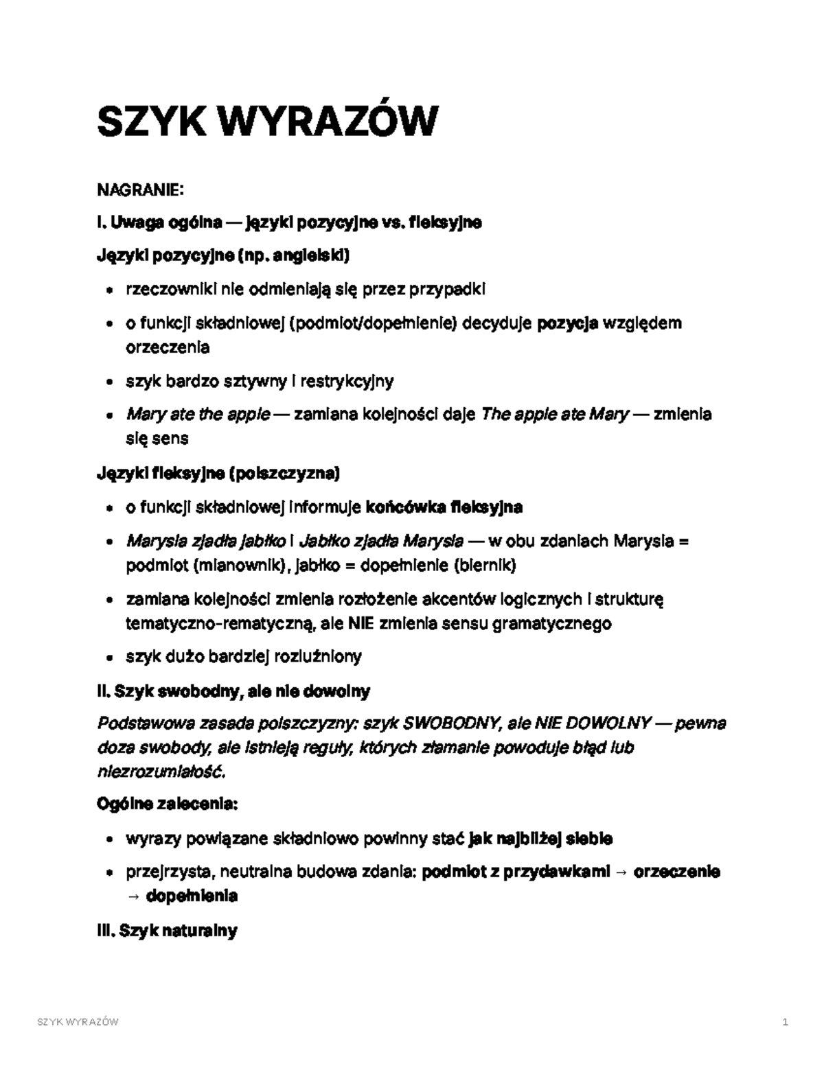 SZYK WYRAZÓW: Języki Pozycyjne vs. Fleksyjne w Polskim - Studocu