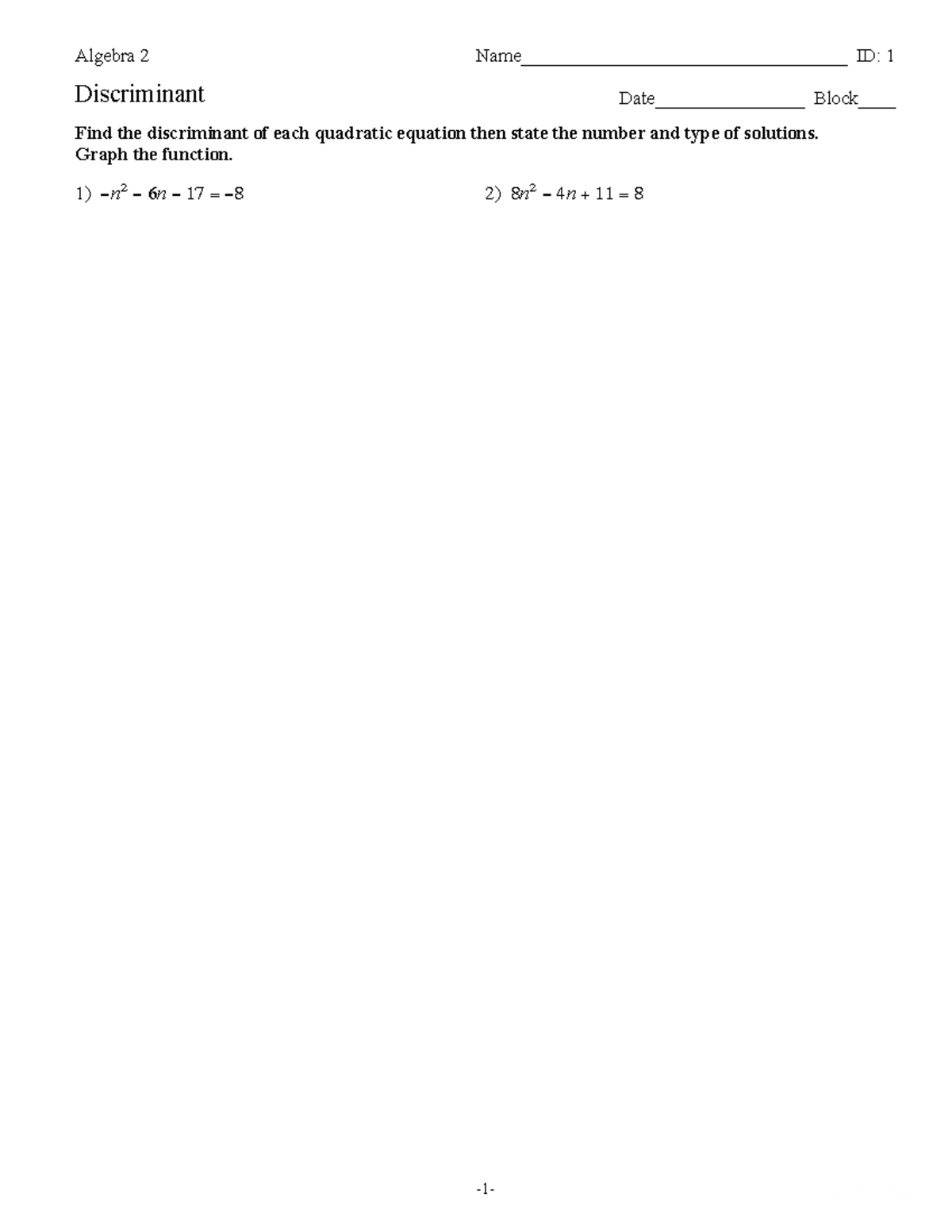 Algebra 2 Discriminant Practice Worksheet - Solutions & Graphs - Studocu
