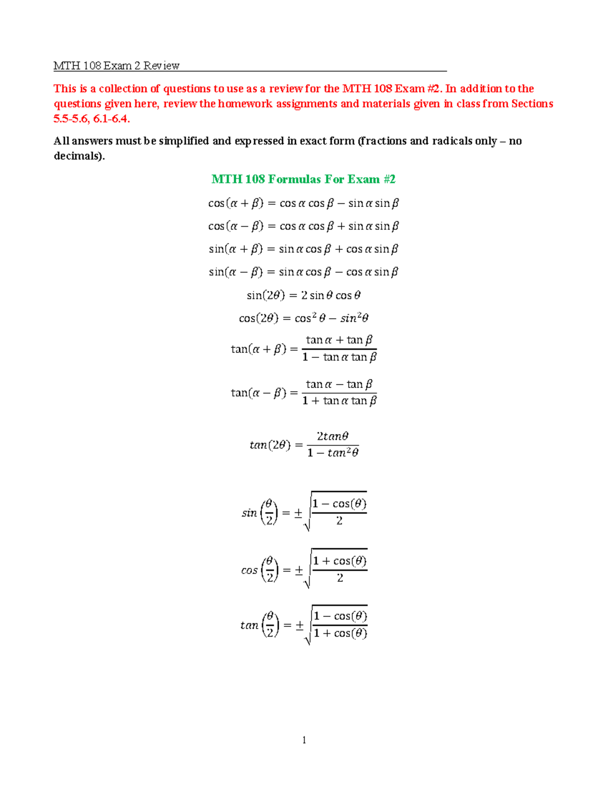 MTH 108 Exam 2 Review: Key Questions and Formulas - Studocu