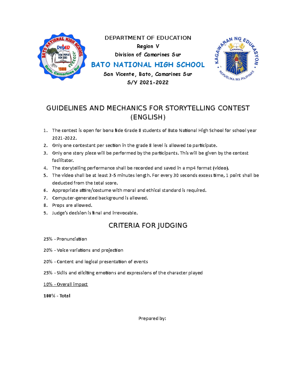 Guidelines for Storytelling Contest (Grade 8 English) - Studocu