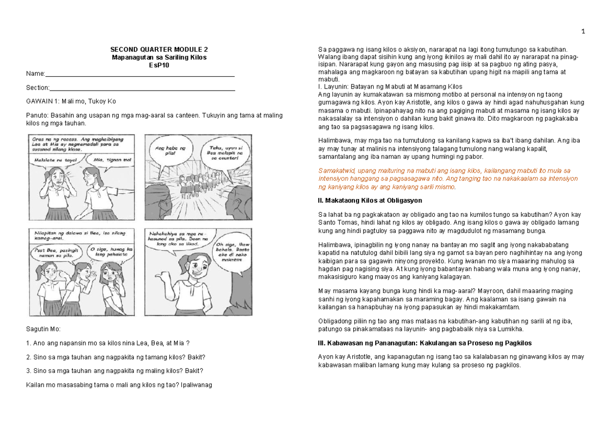 ESP 10 Second Quarter Module 2: Mapanagutan sa Sariling Kilos - Studocu