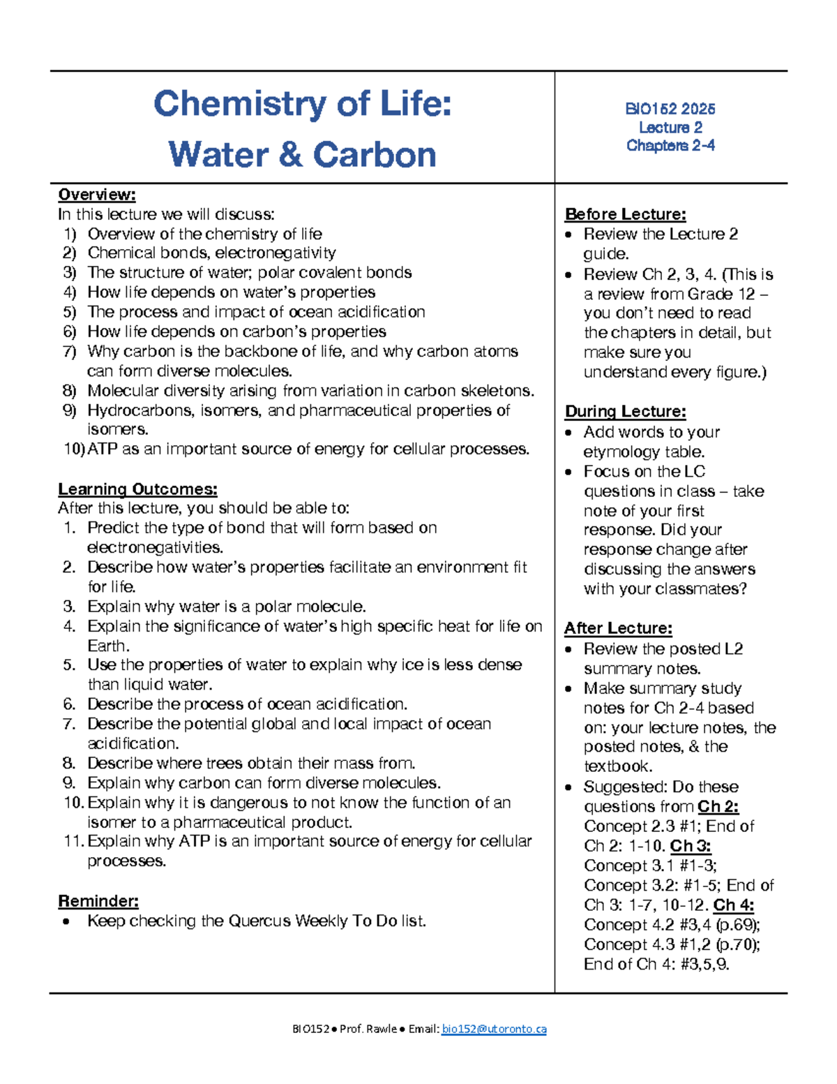 BIO152 Lecture 2: Chemistry of Life - Water & Carbon Overview - Studocu