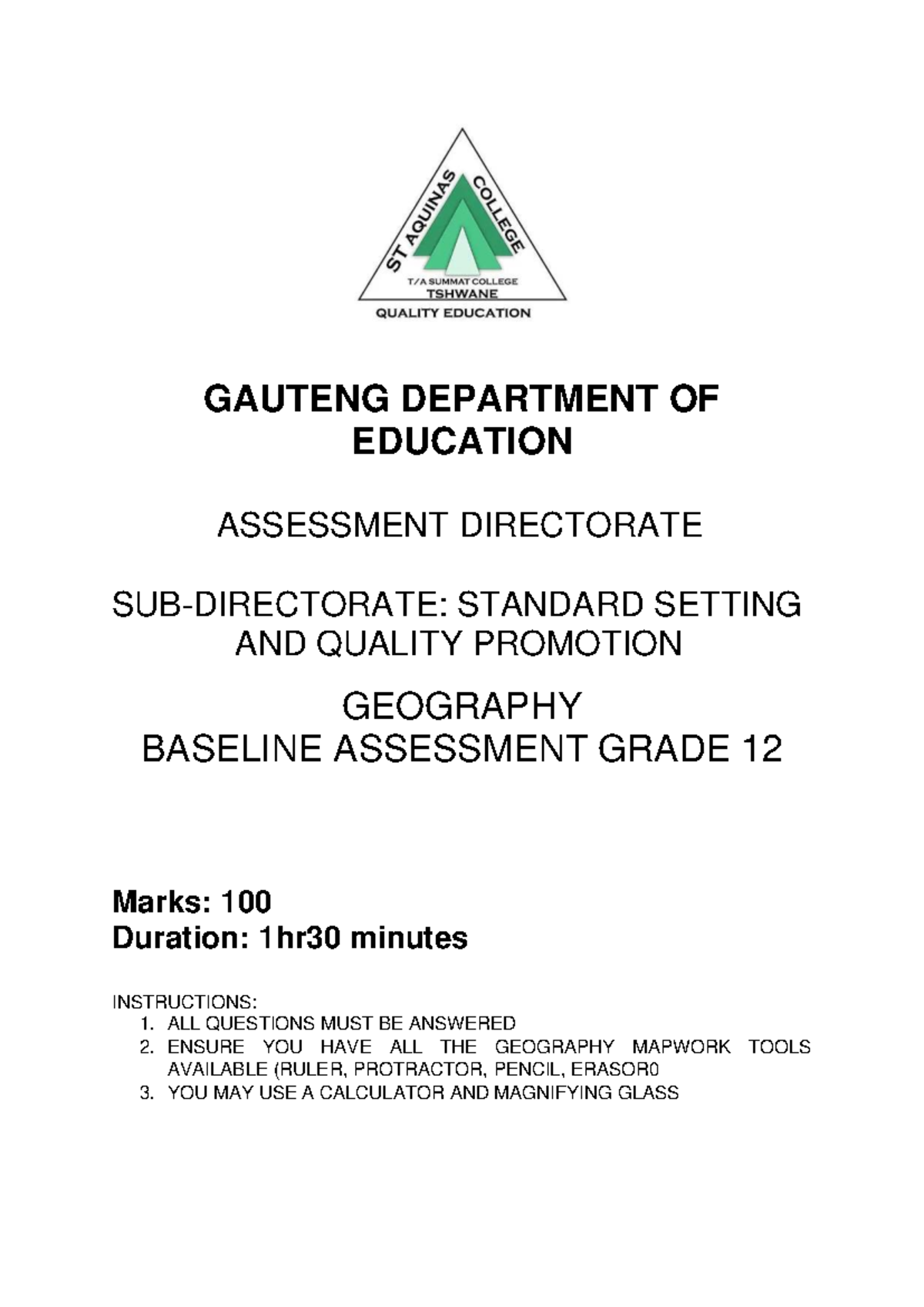 Geography GR 12 Baseline Assessment January 2026 - Studocu