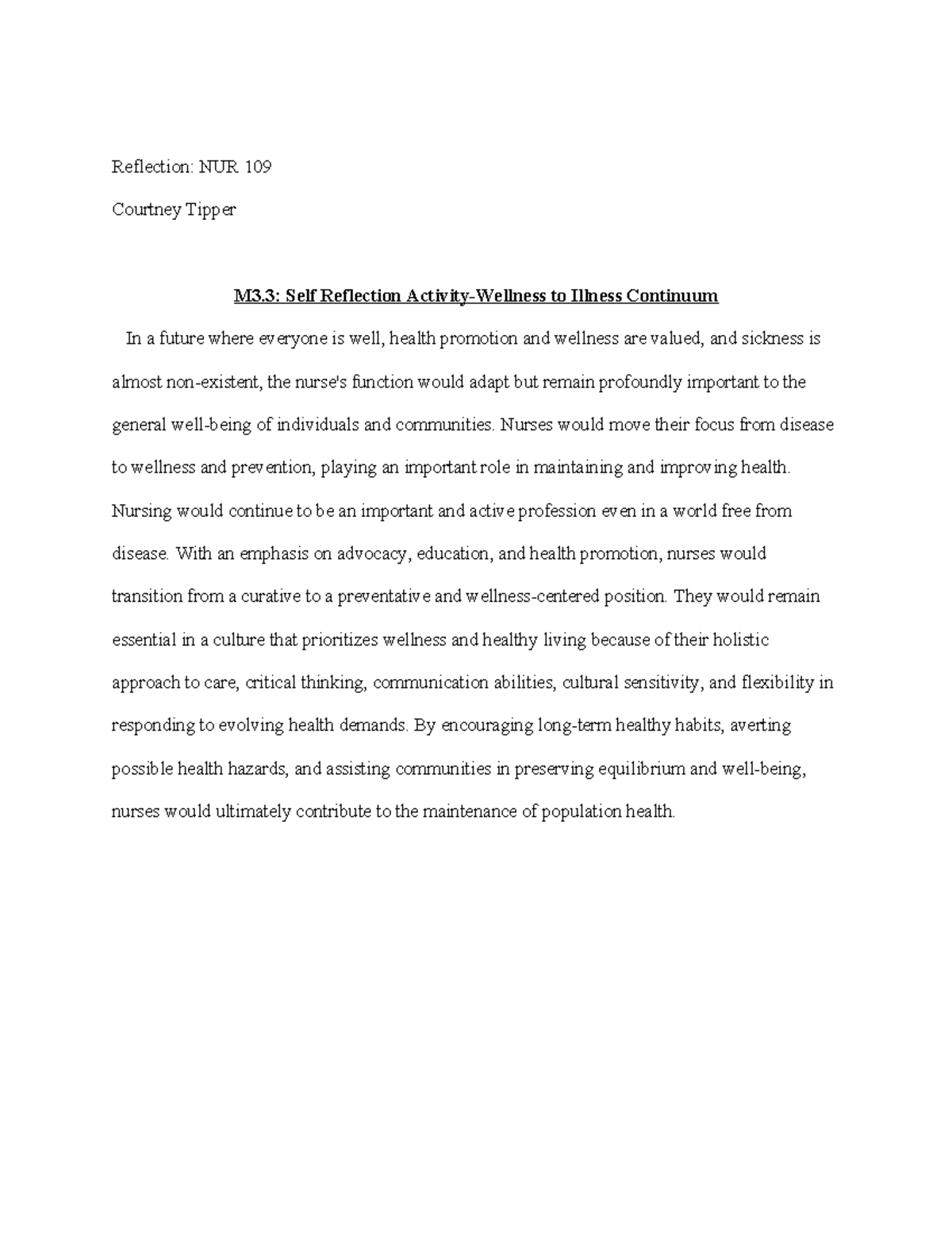 NUR 109 Reflection: Transitioning from Illness to Wellness in M3 - Studocu
