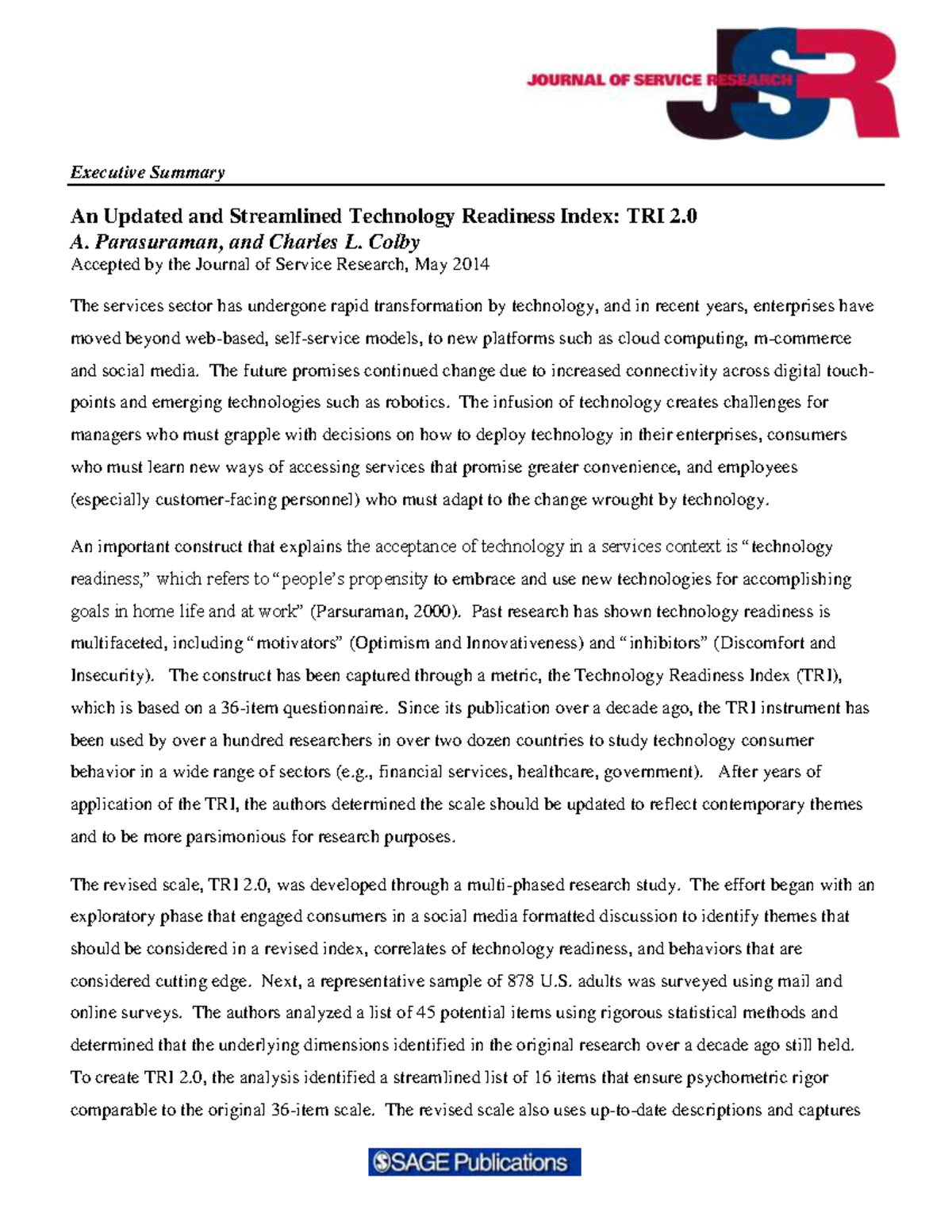 TRI 2.0: An Updated Technology Readiness Index - Executive Summary ...