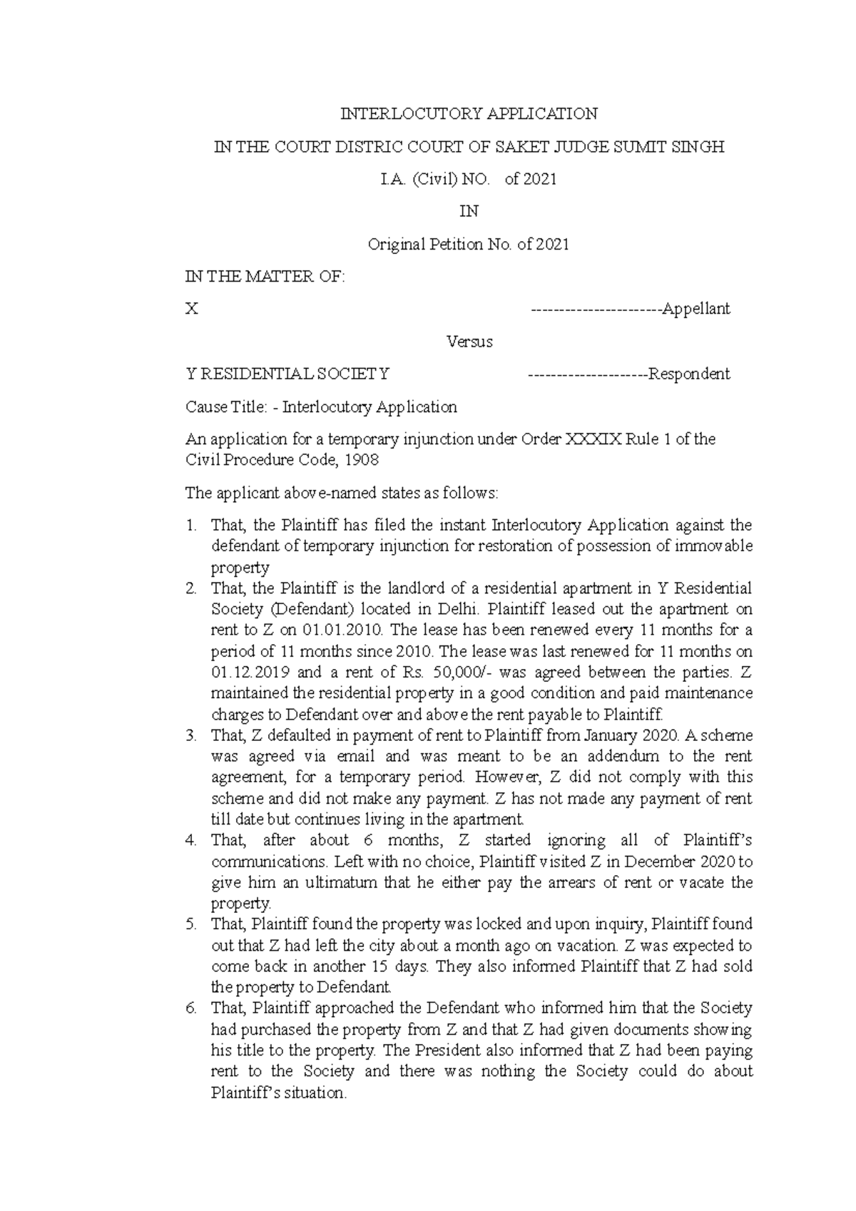 Interlocutory Application- Format- CPC- DRAFT - INTERLOCUTORY ...