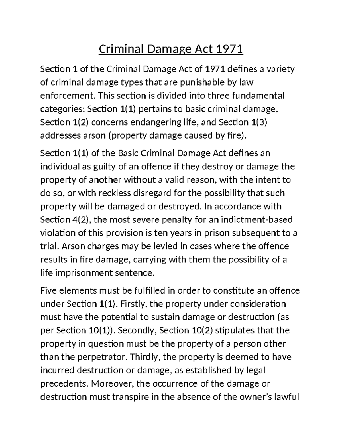 Criminal Damage Act 1971: Key Provisions and Case Analyses - Studocu