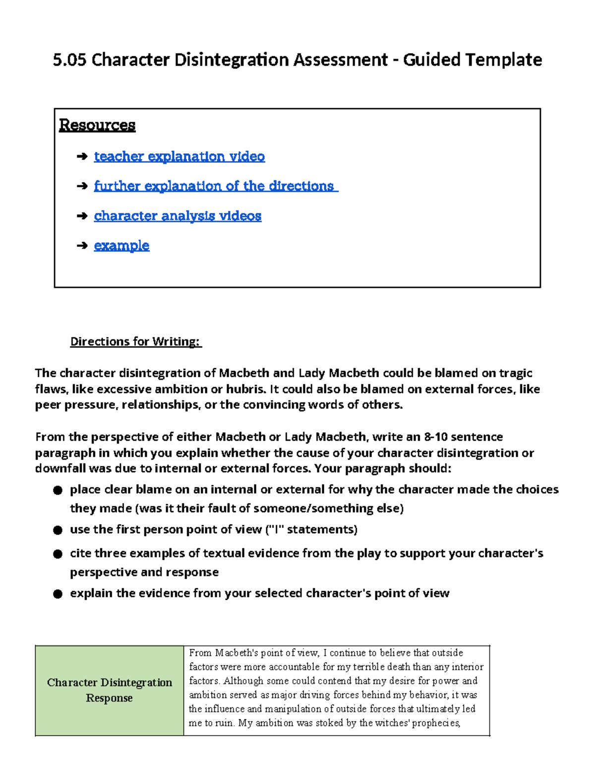 5.05 Character Disintegration: Guided Template for Macbeth's Analysis ...